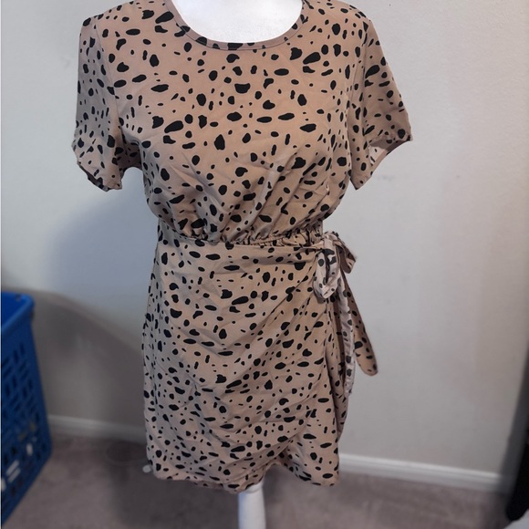 SHEIN | Dresses | Shein Tan Wrap Mini Dress With Flutter Sleeves | Poshmark